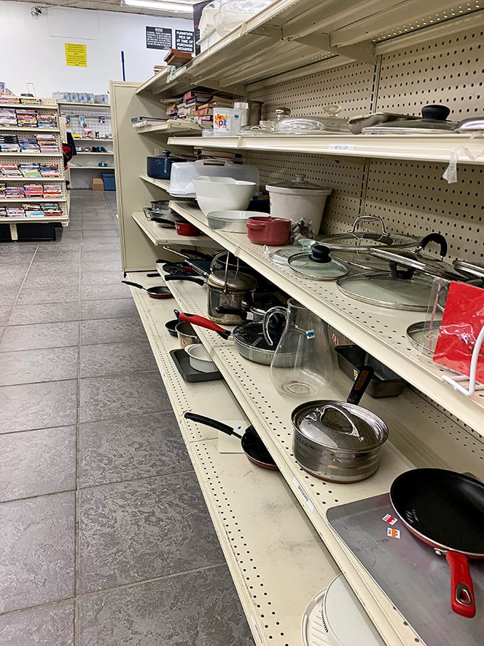 Pots, pans, and culinary possibilities line the shelves like soldiers. Every kitchen tool here has already prepared countless meals and is ready for encore performances.