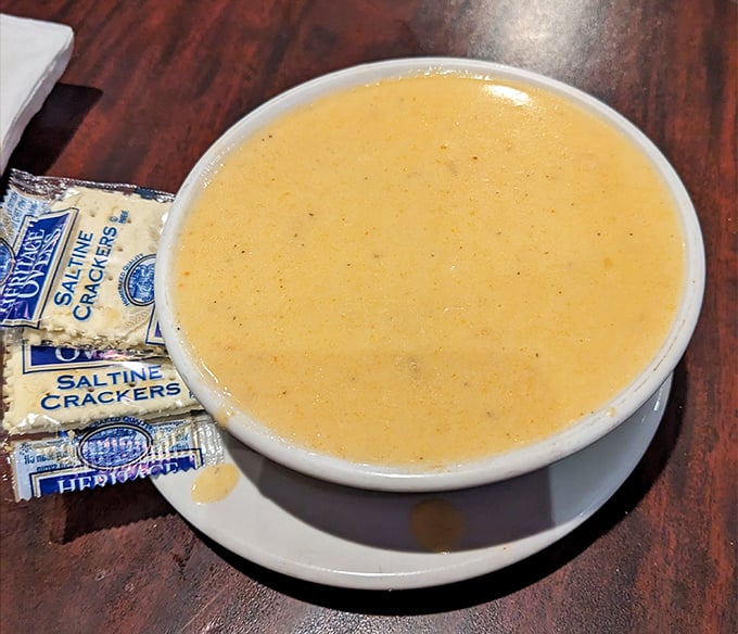 Creamy bisque that demands to be savored slowly, with saltines standing by for dunking duty. Comfort in a bowl, no passport required.