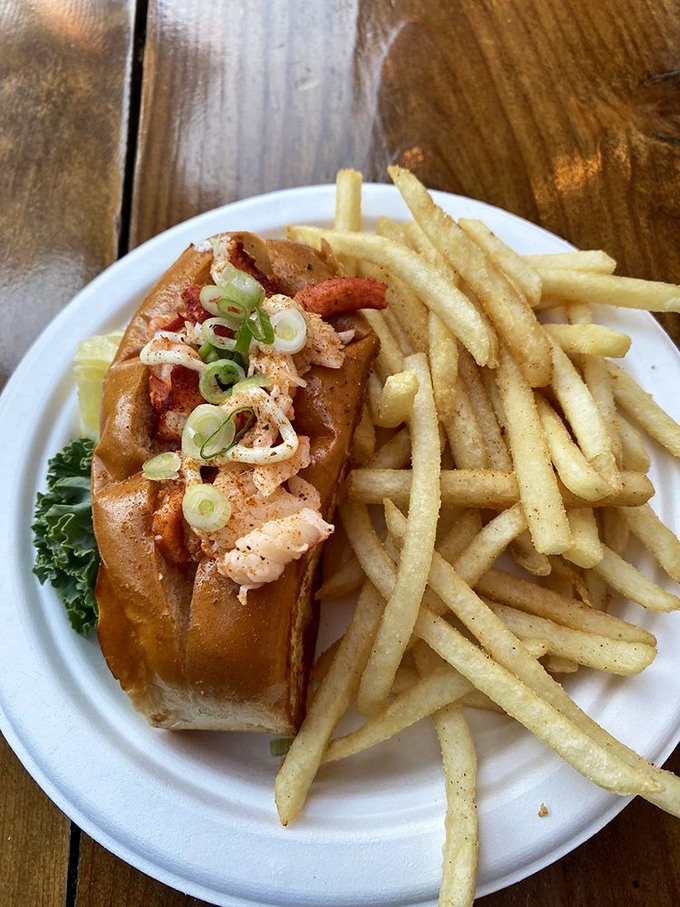 The lobster roll—a buttery vessel cradling sweet chunks of oceanic perfection, with fries standing by for the inevitable sauce-mopping duties.