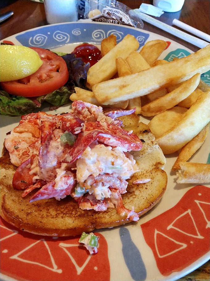The star of the show! Chunks of sweet Maine lobster nestled in a buttery toasted roll – proof that sometimes the simplest pleasures deliver the most profound satisfaction.