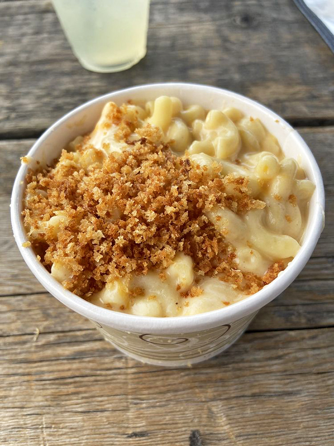 Mac and cheese topped with golden breadcrumbs – comfort food that's dressed up for the party but still knows how to let loose.