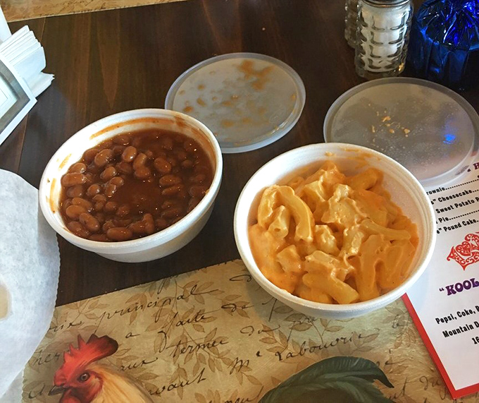 The "Smokey Robinson" BBQ beans and "Love Shack" mac and cheese—a side dish power couple that might upstage the chicken if that were possible.