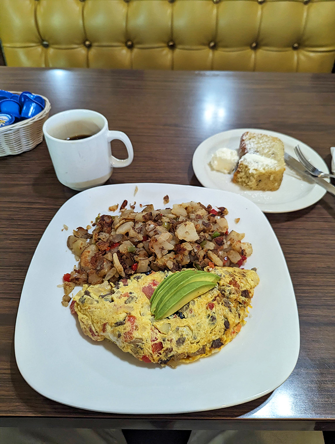 The legendary Machaca Scramble with home fries—where shredded beef meets eggs in a relationship more perfect than any Hollywood romance.