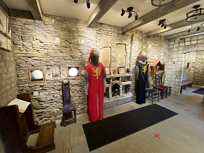 Red-robed knights stand ready for battles that never came to Loveland, their silent vigil a playful nod to the medieval world Andrews so admired. 