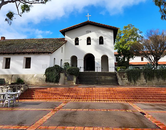 Mission San Luis Obispo de Tolosa radiates timeless serenity with its classic white adobe walls.
