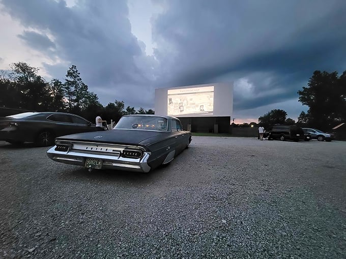 Classic cars and classic cinema—a vintage Edsel takes prime position, adding period-perfect atmosphere to an already nostalgic evening.