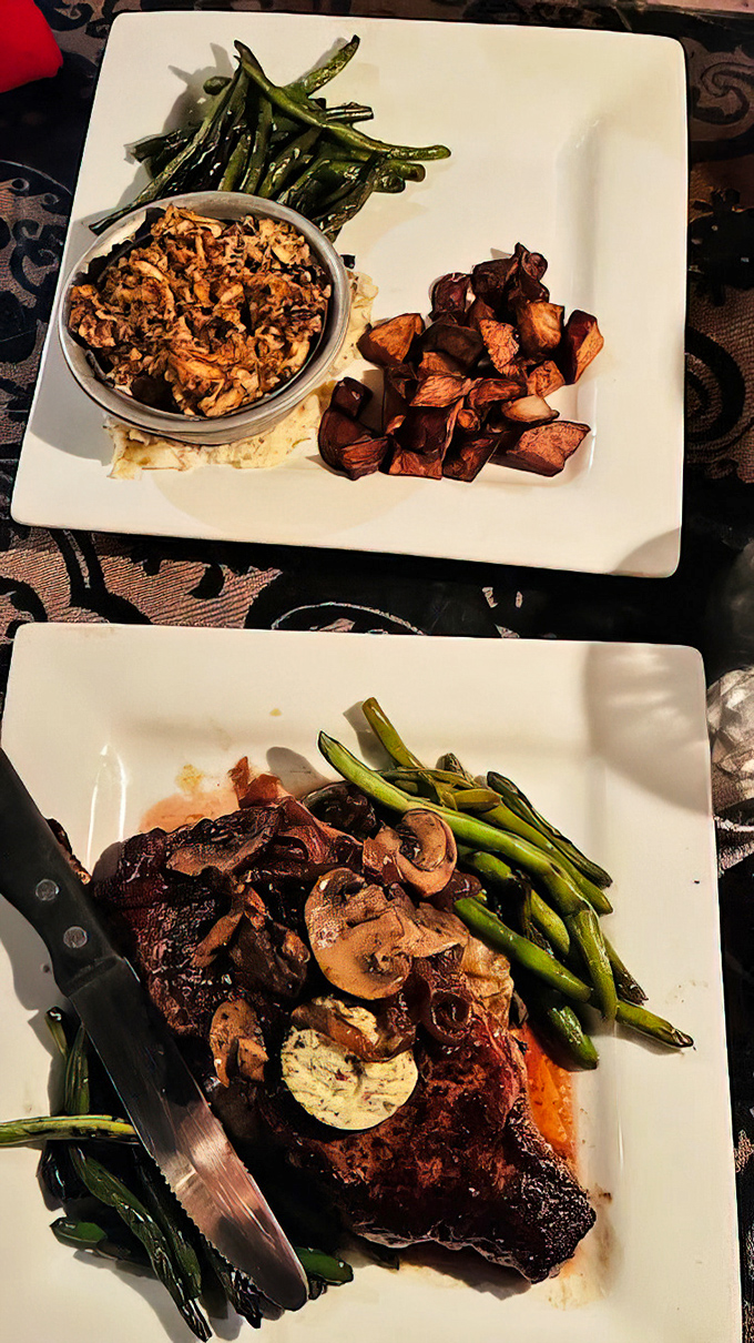 Roasted vegetables and savory sides create a colorful landscape around the main attraction—proof that supporting characters sometimes steal the scene.