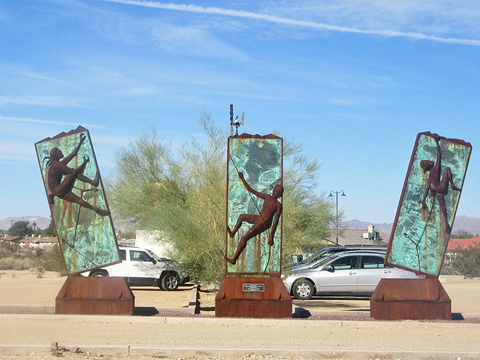 These bronze climbers at the Old Schoolhouse Museum capture the spirit of Joshua Tree's rock enthusiasts—forever scaling heights without ever needing chalk bags.