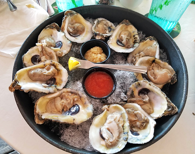 Oysters on the half shell – nature's perfect appetizer, served with just enough accompaniments to enhance without overshadowing the briny stars.