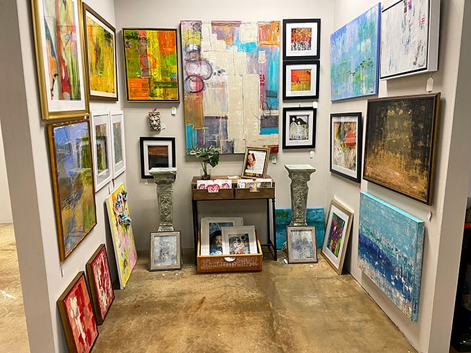 Wall-to-wall artistic expression that transforms blank space into a gallery where every frame holds someone's former living room masterpiece.