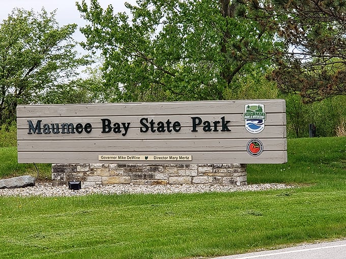 The park entrance sign—like finding the cover page to a novel where the main characters are trees, wildlife, and that one mosquito with a personal vendetta. 