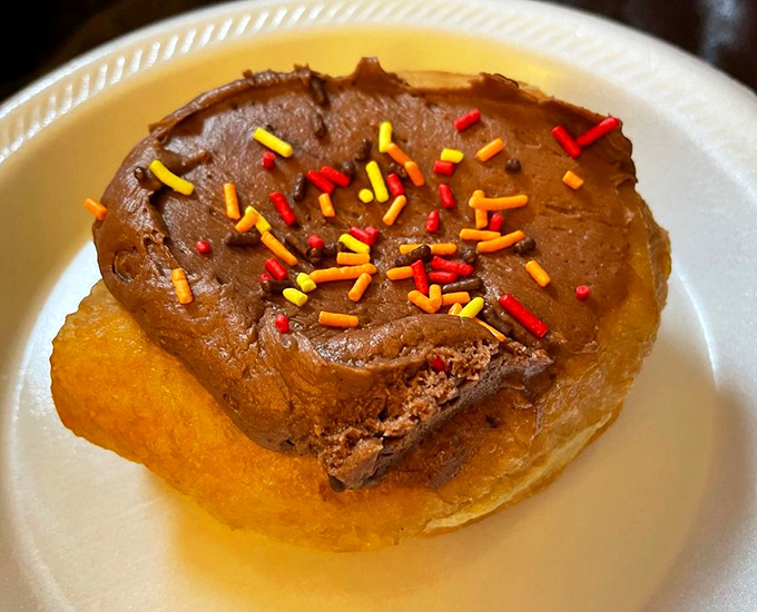 Not all heroes wear capes—some wear chocolate frosting over a golden donut base. This one's ready for its close-up.