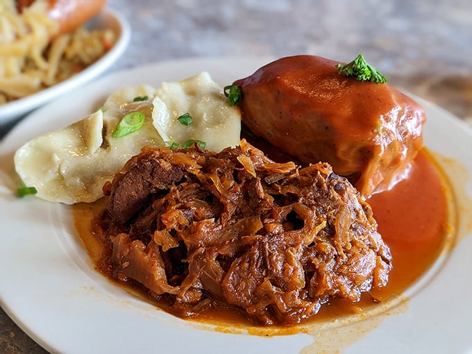 A symphony of Polish comfort on a plate—tender pierogi, slow-cooked hunter's stew, and a golabki (cabbage roll) that your grandmother wishes she could make.