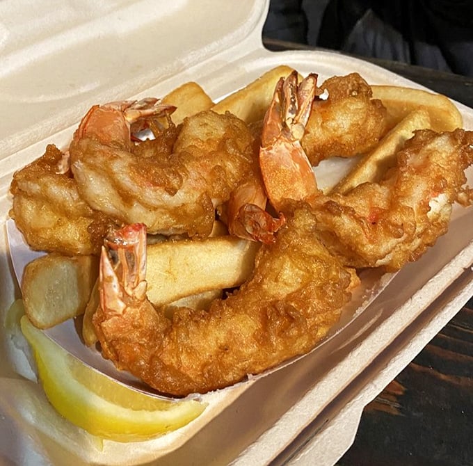 These prawns aren't those sad frozen imposters from the grocery store—they're plump, wild-caught treasures in a golden jacket of batter.