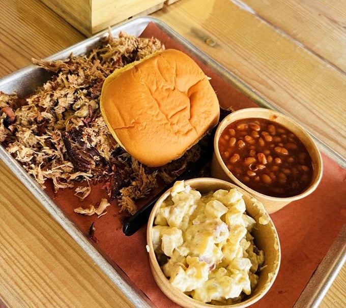 Pulled pork that surrendered to smoke with dignity. That bun isn't just holding meat—it's cradling barbecue artistry.