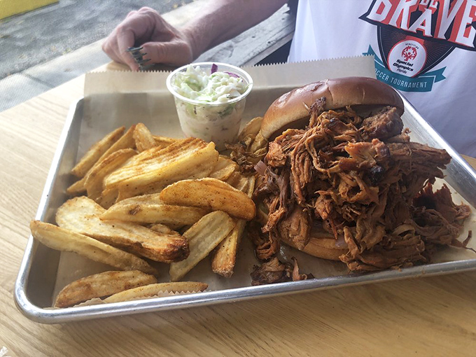 Pulled pork that looks like it had a proper Southern upbringing—tender, saucy, and paired with hand-cut fries that deserve their own fan club.