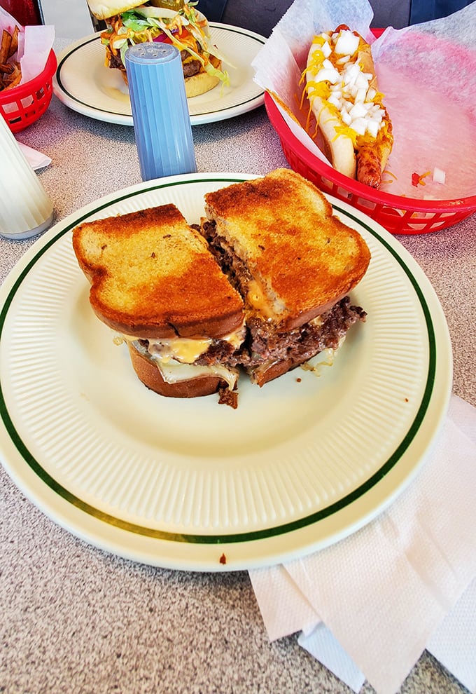 A proper diner patty melt isn't just a sandwich—it's an architectural achievement. Note the perfect toast-to-filling ratio and strategic cheese melt. 