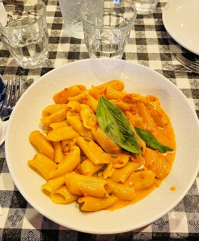 Pasta in red sauce shouldn't make you pause in reverence, but when it looks like this—glistening, vibrant, with fresh basil standing guard—silence is appropriate.