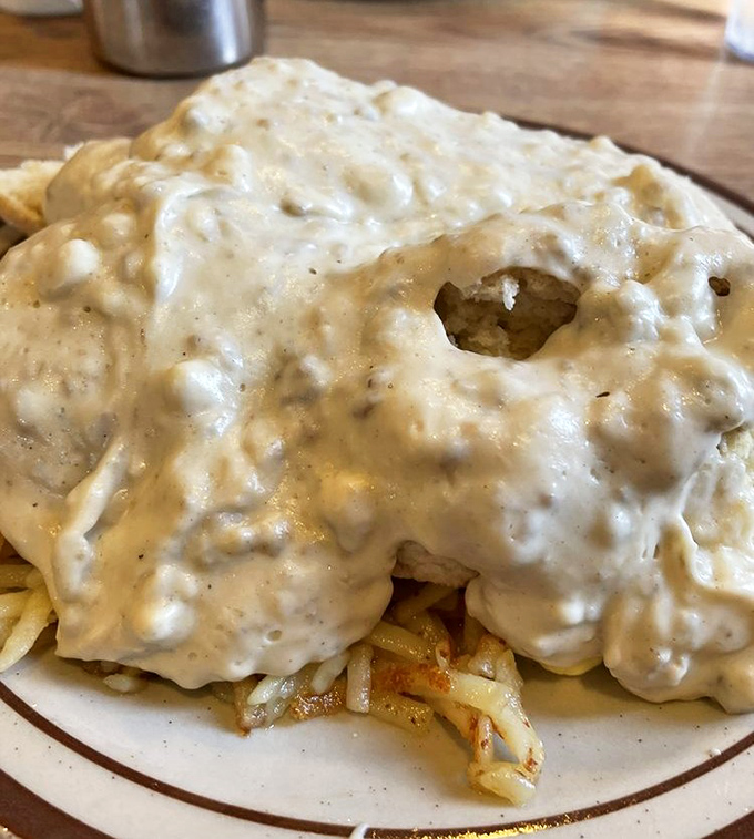 The holy grail of breakfast: sausage gravy cascading over golden hash browns. Not all heroes wear capes—some wear gravy boats and ladles.