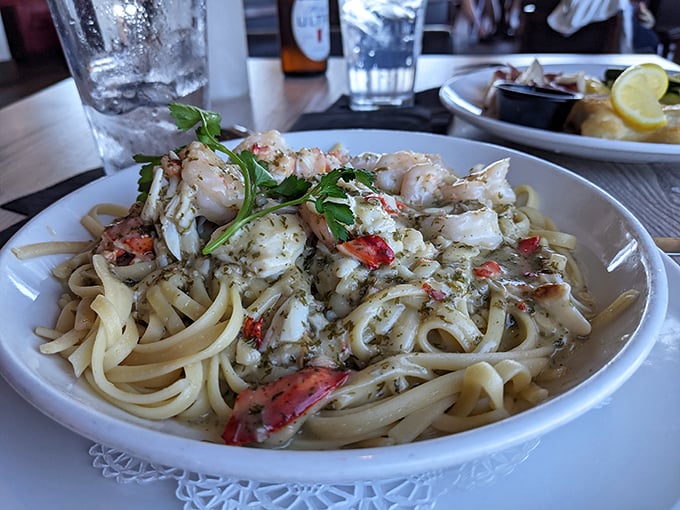 Seafood linguine that would make an Italian grandmother nod in approval—plump shrimp and delicate crab dancing with al dente pasta.