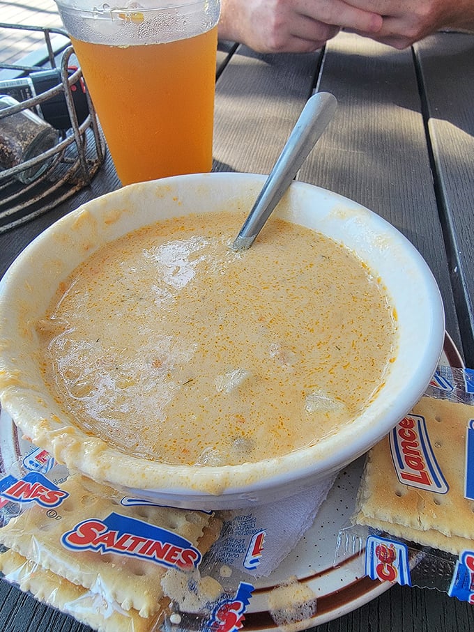 The legendary She Crab soup arrives with saltines, like serving a Rolex with a paper bag—but one spoonful explains why locals speak of it in hushed tones.