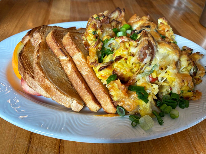 The aptly named Shipwreck: a glorious collision of hash browns, eggs, and veggies that makes you wonder why you ever settled for ordinary breakfast.
