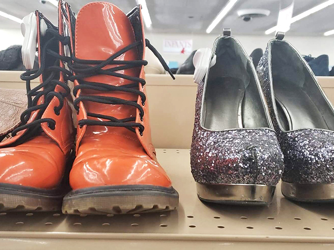 Ruby red boots meet glittery heels in the footwear aisle. Like dating profiles in shoe form—each with a story and just waiting for the right match.