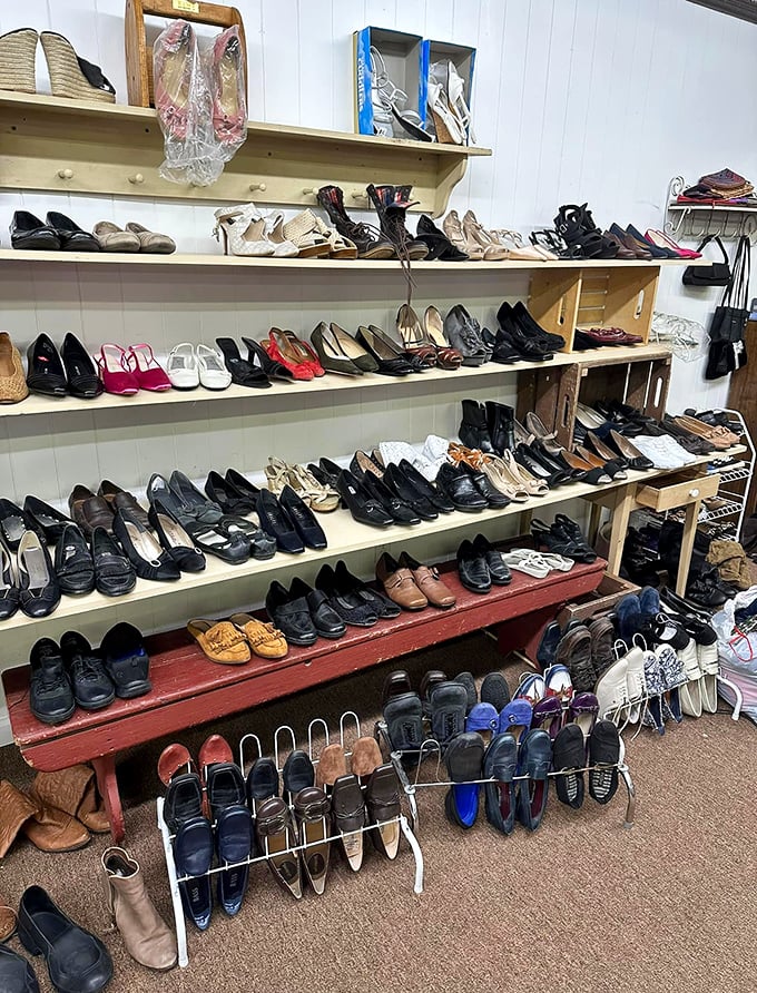 Shoes, shoes everywhere, but not a foot in sight! Each pair waits patiently for its Cinderella moment with a new owner.