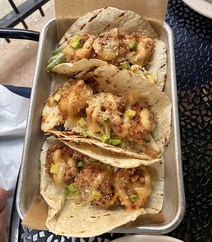 Shrimp tacos that make you contemplate moving to Delaware just to have them on speed-dial. The green onion garnish adds that perfect fresh pop.