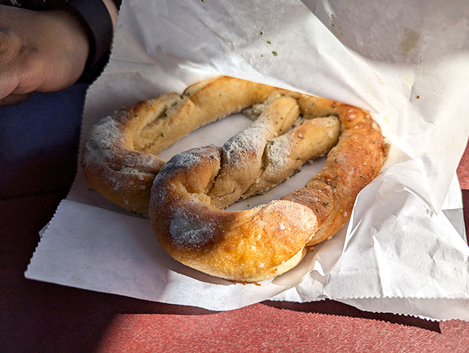 This isn't just a pretzel; it's a hand-rolled work of art. Pillowy soft with a gentle dusting of flour—the kind worth crossing state lines for.