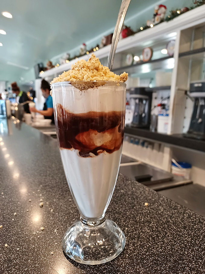 Layers of vanilla, hot fudge, and what appears to be graham cracker crumbs—architectural perfection that would make Frank Lloyd Wright weep with joy.