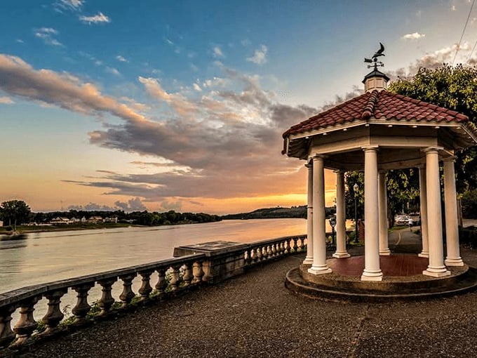 This riverfront gazebo has witnessed countless sunsets, proposals, and quiet moments—a front-row seat to nature's nightly watercolor show.
