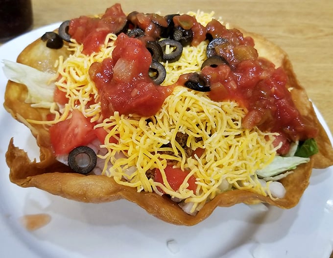 This taco salad isn't just a meal—it's edible architecture. The crispy shell practically begs you to demolish it one delicious bite at a time.
