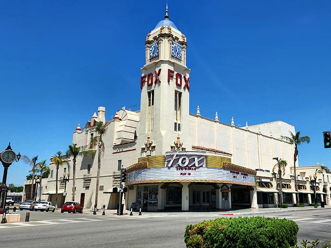 The Fox Theater's majestic tower has witnessed decades of entertainment, standing proudly as Bakersfield's Art Deco crown jewel against a perfect California sky.
