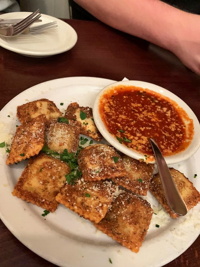 The famous toasted ravioli - golden-brown pillows of joy dusted with parmesan that have launched a thousand road trips to St. Louis.