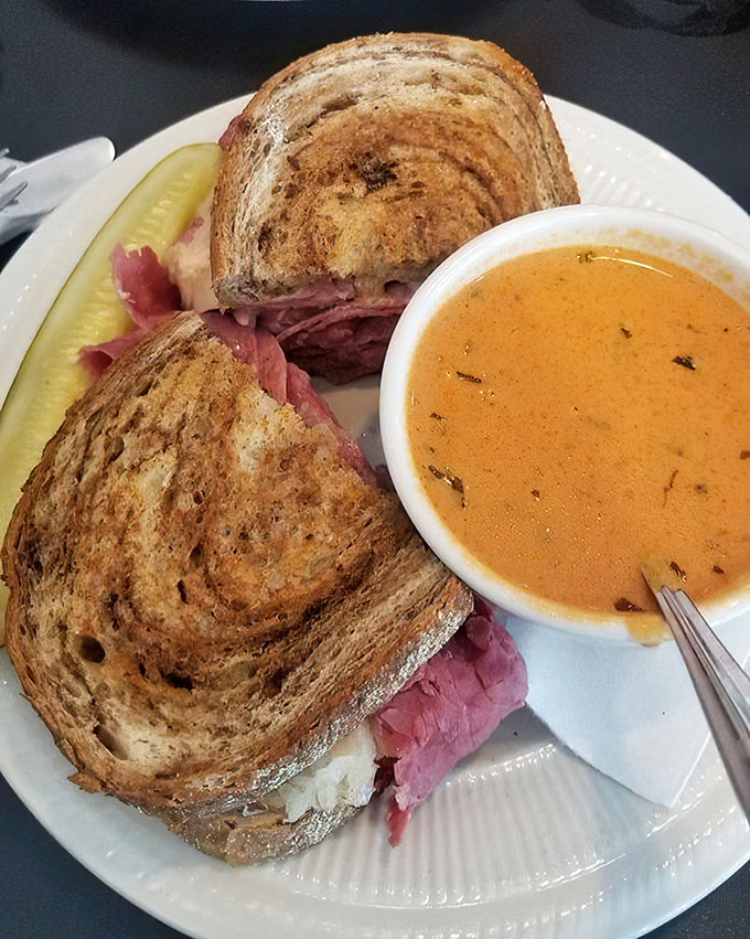 Comfort in a bowl. This hearty tomato soup alongside a perfectly grilled sandwich proves that some food combinations are simply ordained by the universe.