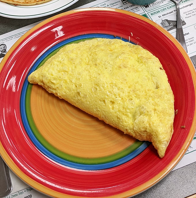 Fluffy doesn't begin to describe this omelet – it's like a yellow cloud that somehow captured all the best breakfast flavors in its pillowy embrace.