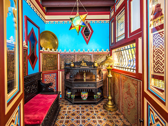 A kaleidoscope of turquoise, red, and gold creates a nook so vibrant you'll wonder if your sunglasses prescription needs updating.