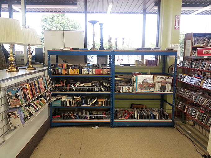 Literary treasures and musical memories line these blue shelves, where forgotten albums and dog-eared paperbacks find new admirers daily.