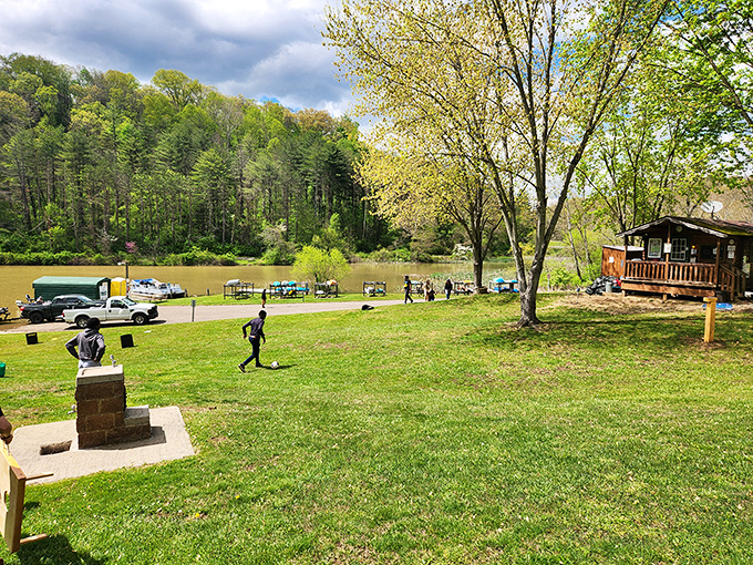 The park's recreation area buzzes with activity while a serene lake backdrop reminds visitors they're miles away from spreadsheets and deadlines.