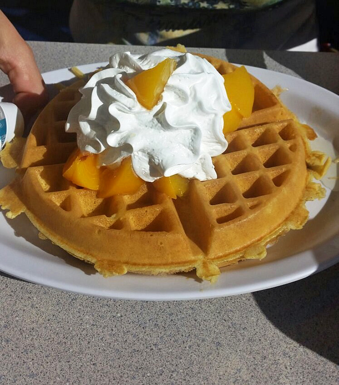 A Belgian waffle topped with fresh fruit and whipped cream – architecture you can eat and the structural integrity to support its sweet crown.