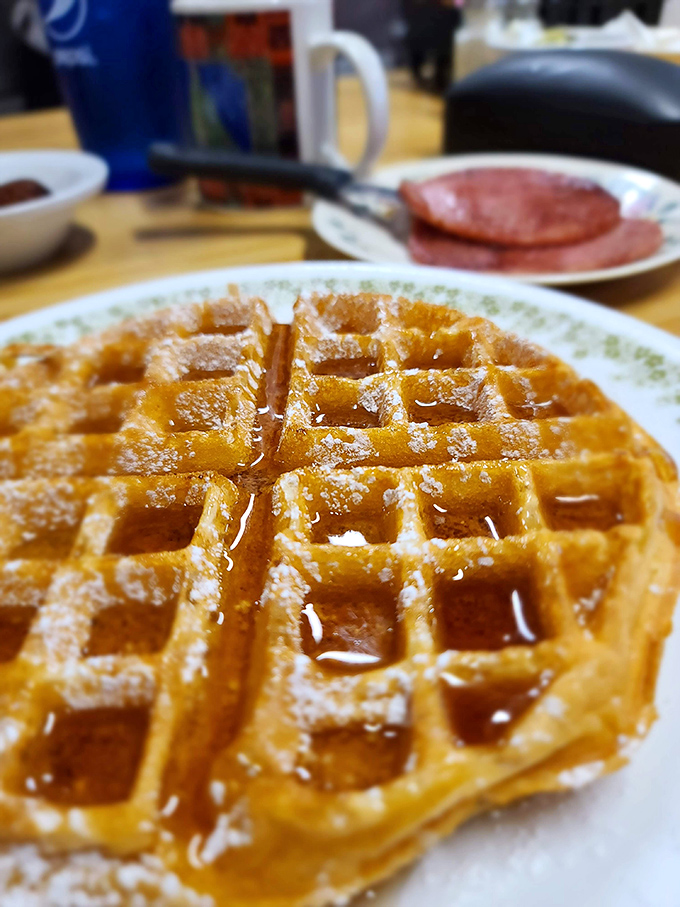 Waffle architecture at its finest—perfectly formed squares creating pockets for maple syrup pools. That's not breakfast, that's edible geometry.