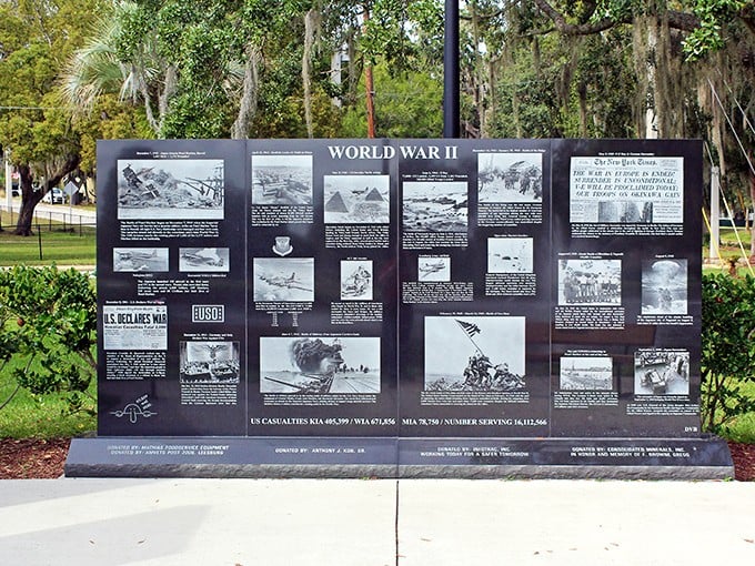 This World War II monument reminds visitors of Leesburg's deep connection to American history—a quiet place for reflection amid the palm trees.