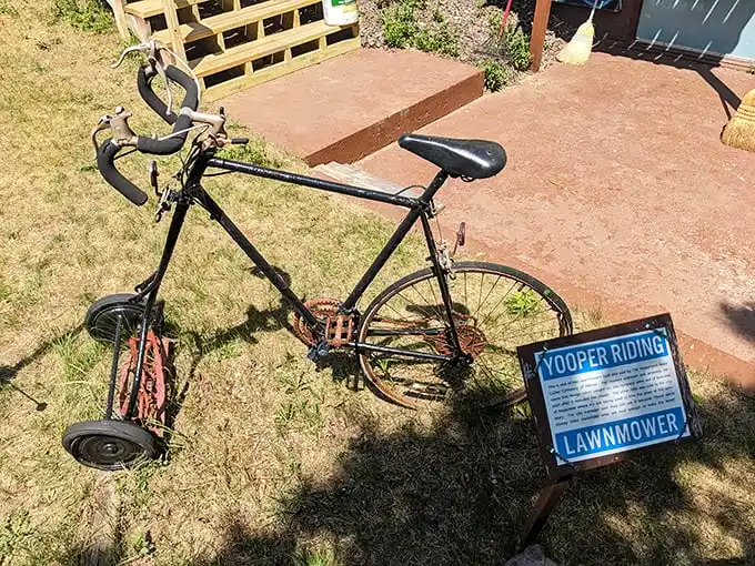 The "Yooper Riding Lawnmower" combines two sacred Michigan traditions: practical engineering and turning anything into a joke.