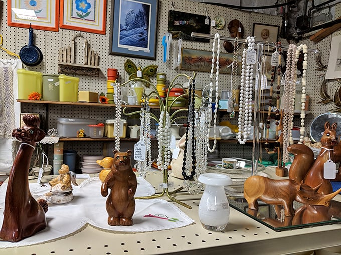 Wooden bears, vintage jewelry, and colorful ceramics create a menagerie of memories. One person's knickknack is another's nostalgic treasure.