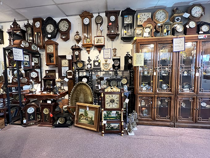 Time literally stands still in the clock corner, where pendulums that once marked moments in Victorian parlors wait for new homes to chronicle.