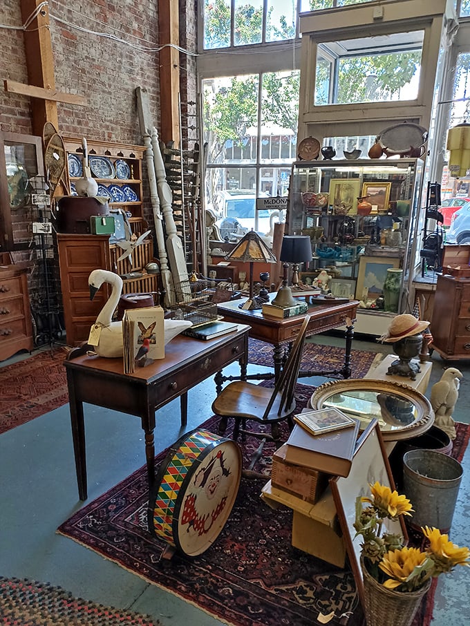 A perfectly staged vignette that whispers, "Your home could look this interesting." That desk has probably seen more history than most history books.