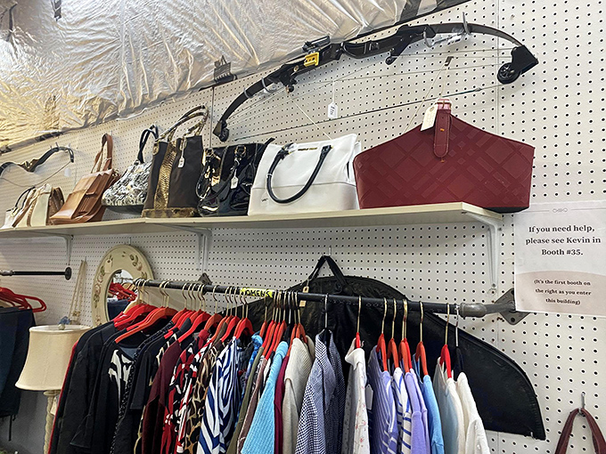 Fashion finds that won't break the bank! Note the helpful sign directing lost souls to Kevin in booth #15—every great flea market has a Kevin.