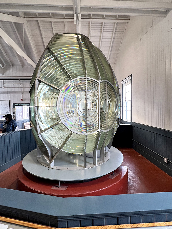 Not your average light bulb! The magnificent Fresnel lens—a dazzling kaleidoscope of glass and engineering that could project light 20 miles out to sea.