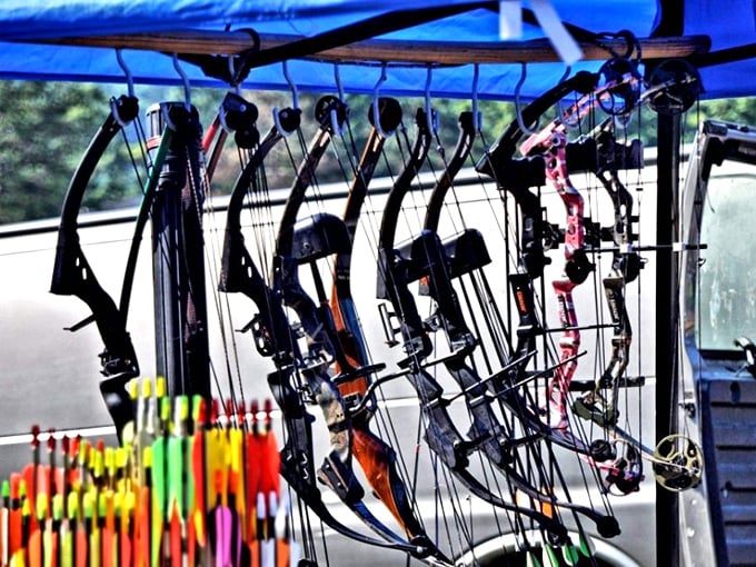 Archery enthusiasts' paradise. These bows hang like sleeping warriors, waiting for their next adventure in Pennsylvania's abundant woodlands.